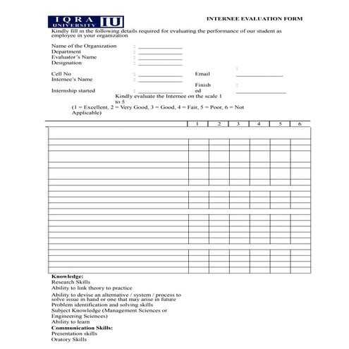 Internee evaluation form for Iqra University Student | PDF | Free Download