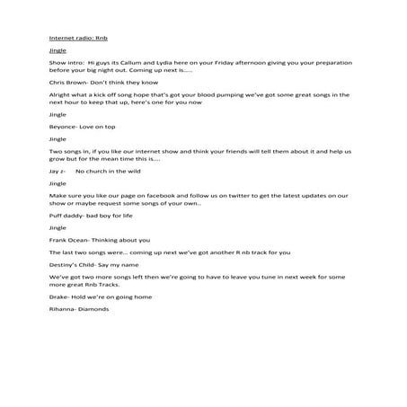 Internet radio script | DOCX | Music | Entertainment