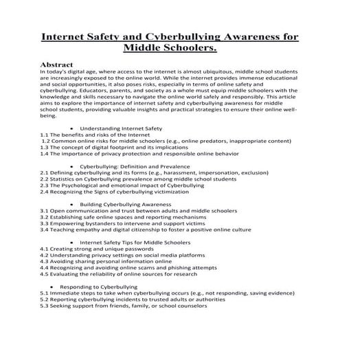 Internet Safety and Cyberbullying Awareness for Middle Schoolers. | PDF