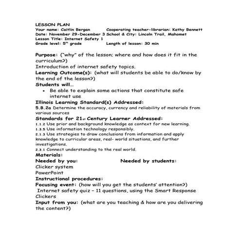 Internet Safety Lesson Plan 1 | DOC
