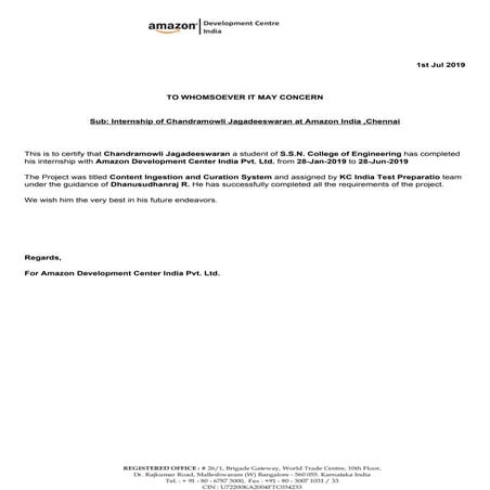 Internship at Amazon.com as Software Developer | PDF