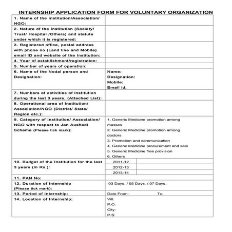 INTERNSHIP APPLICATION FORM FOR VOLUNTARY ORGANIZATION | DOC