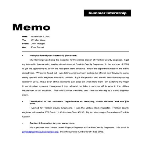 Inspector Internship for Franklin County Engineer Office. | PDF