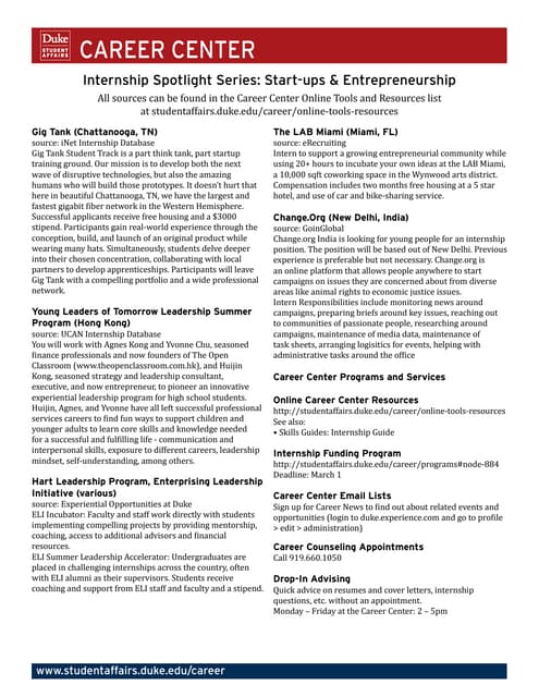 Internship Spotlight Series: Start-Ups and Entrepreneurship Programs | PDF