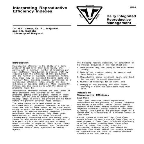 Interpreting Reproductive Efficiency Indexes Pdf