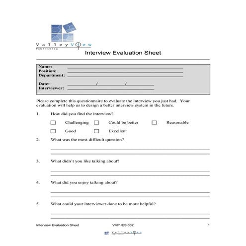 Interview Self Evaluation Sheet