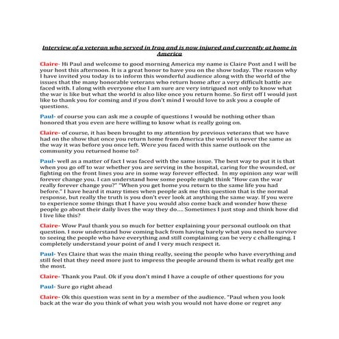 Interview of a veteran who served in iraq and is now injured and ...