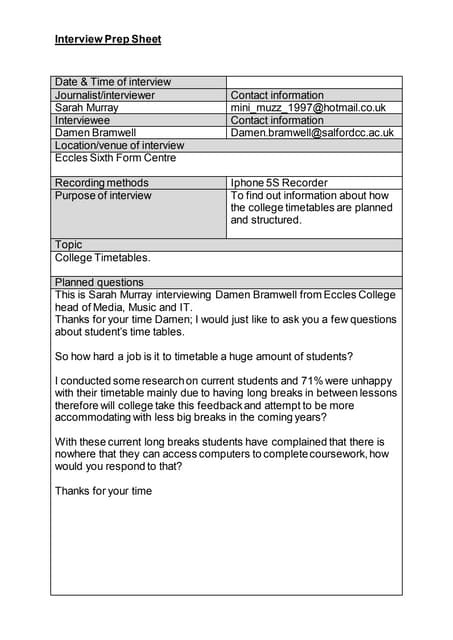 Interview Prep Sheet | PDF