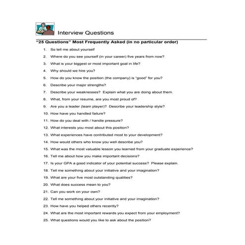 Job interview questions worksheet