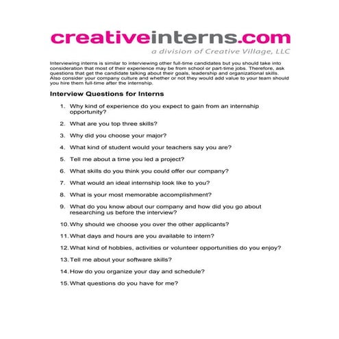 Interview Questions For Interns | PDF