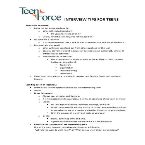 Teens Interview tips | PDF