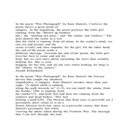 In the poem War Photograph by Kate Daniels, I believe the po | DOCX