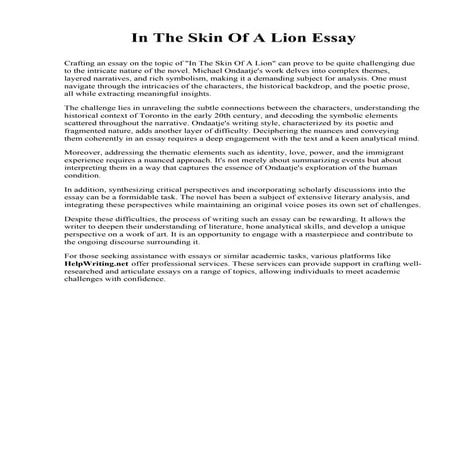 In The Skin Of A Lion Essay. East-West University | PDF