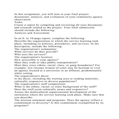 In this assignment, you will turn in your final project documents, a.docx