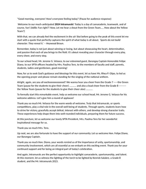 INTRAMURALS 2024-2025 EMCEE SCRIPT OPENING | DOCX INTRAMURALS 2024-2025 EMCEE SCRIPT OPENING | DOCX