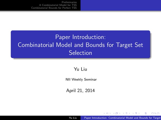 Paper Introduction Combinatorial Model And Bounds For Target Set Selection Ppt