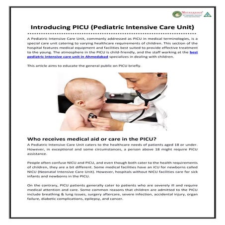Things to know about Pediatric Intensive Care Unit | PDF