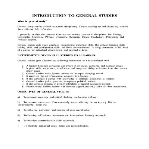 INTRODUCTION TO GENERAL STUDIES | DOCX