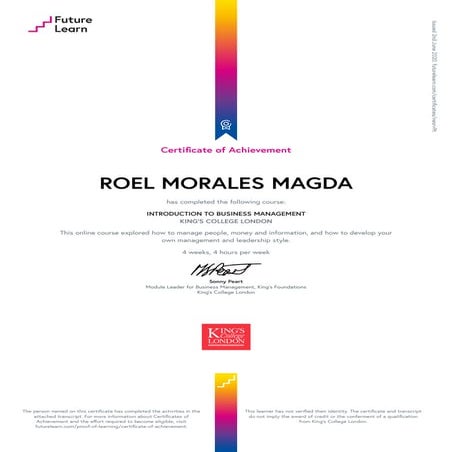 INTRODUCTION TO BUSINESS AND MANAGEMENT:CERTIFICATE OF ACHIEVEMENT | PDF