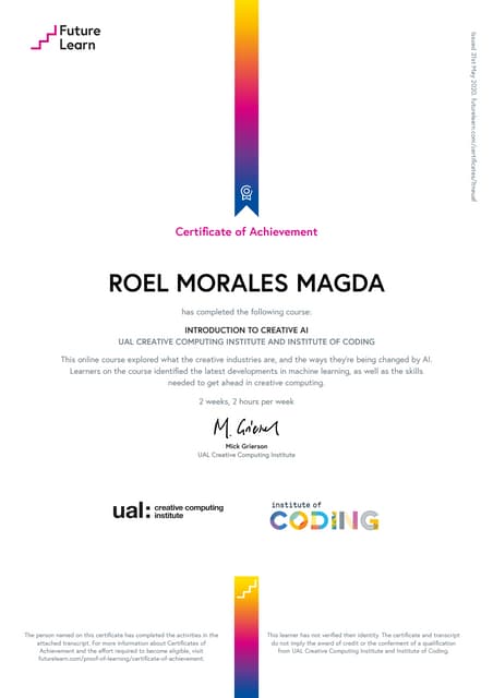 Certificate of Achievement: Artificial Intelligence: Digital Skills | PDF