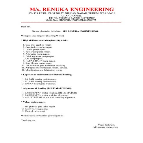 Introduction letter_Workplus Engineering | PDF