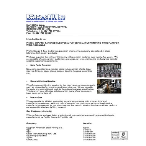 Introduction Letter - Precision Spares for Rolling Mills | PDF