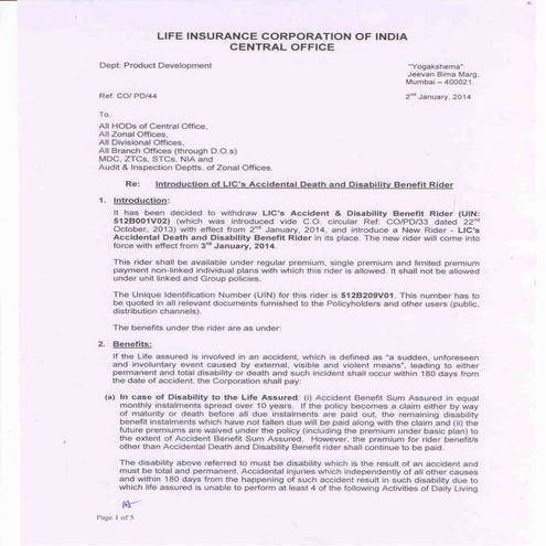 Introduction of LIC Accidental Death and disability benefit rider 2nd ...