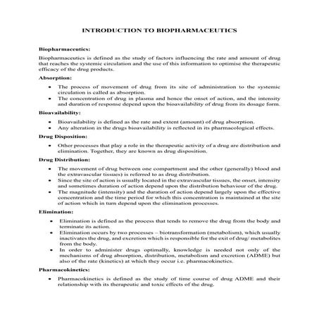 INTRODUCTION TO BIOPHARMACEUTICS , pharmacokinetics, pharmacodynamics ...