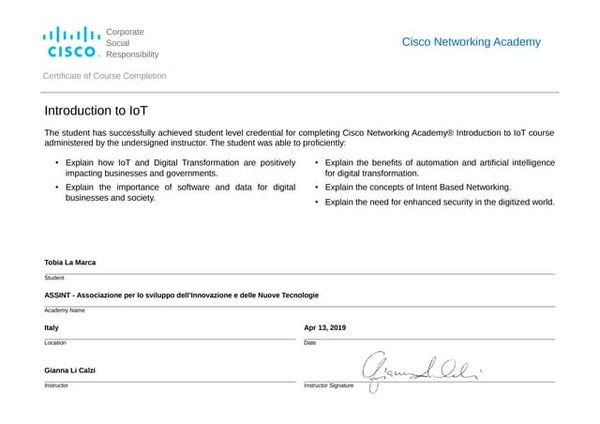Introduction to IoT - CISCO Certificate Introduction to IoT - CISCO Certificate