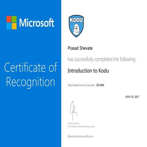 Microsoft Certificate Introduction to kodu | PDF