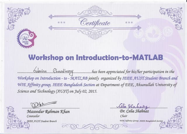 Introduction To Matlab Certificate Ppt