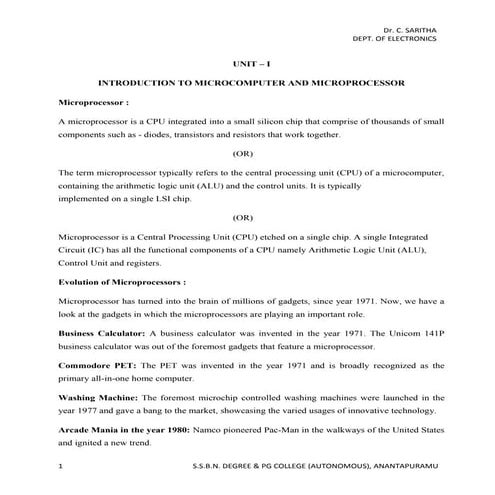 Introduction To Microprocessor Notes Doc Computing Technology And Computing