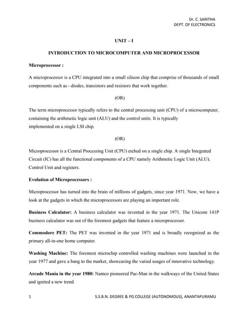 Introduction To Microprocessor Notes Doc Computing Technology And Computing