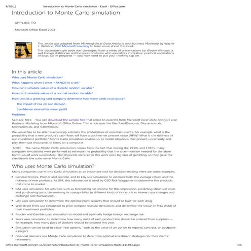 Introduction to monte carlo simulation excel - office | PDF