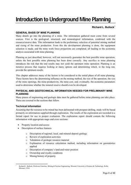 FUNDAMENTALS OF MINE DESIGN, AND PLANNINGS | PPTX