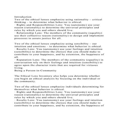 IntroductionTwo of the ethical lenses emphasize using rationalit.docx ...