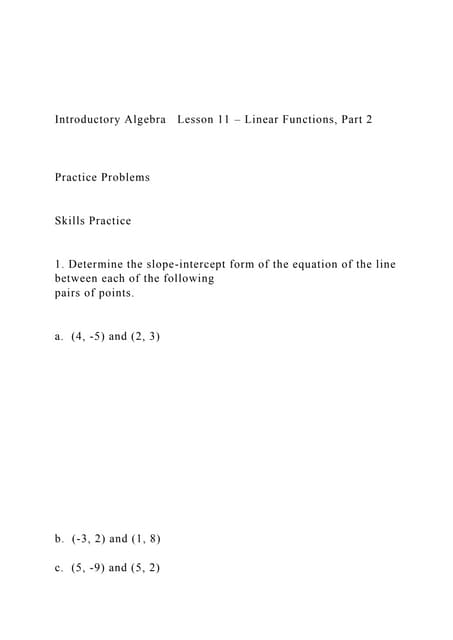 Introductory Algebra Lesson 11 Linear Functions Part 2 Docx