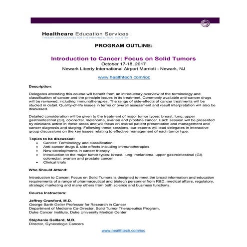 Introduction to Cancer: Focus on Solid Tumors Course, organized by ...