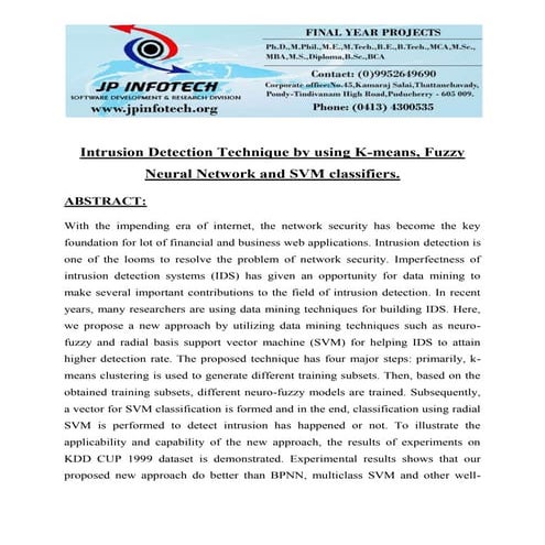 Intrusion Detection Technique By Using K Means Fuzzy Neural Network And Svm Classifiers Pdf 9484