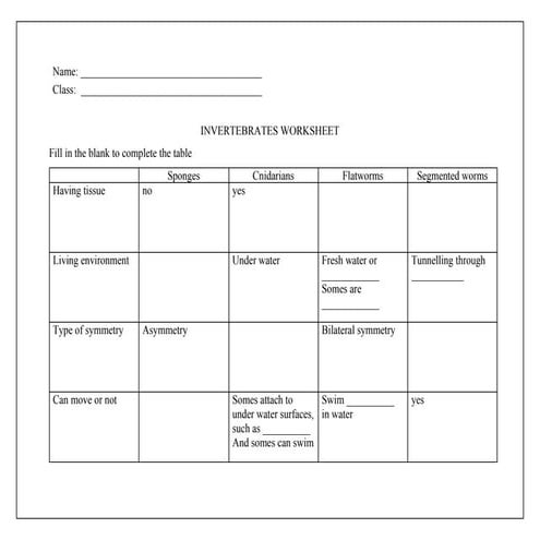 Invertebrates worksheet for middle school students | PPT