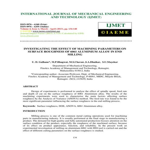Investigating the effect of machining parameters on surface roughness | PDF