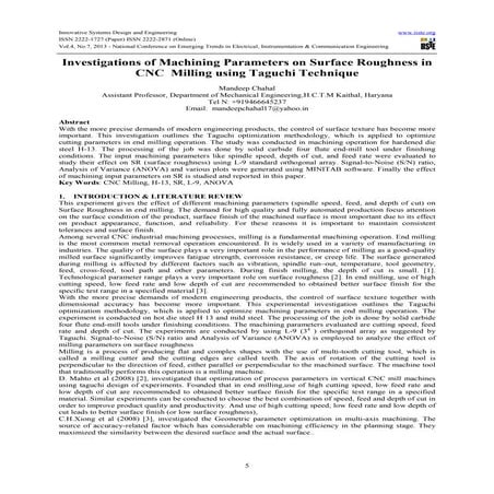 Investigations Of Machining Parameters On Surface Roughness In Cnc Milling Using Taguchi