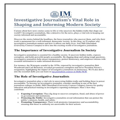 Investigative Journalism’s Vital Role in Shaping and Informing Modern ...