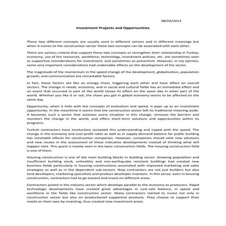 Investment Projects & Opportunities In Construction | DOCX | Construction Industry | Industries