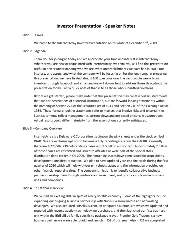 Investor Presentation Speaker Notes Investor Presentation Speaker Notes