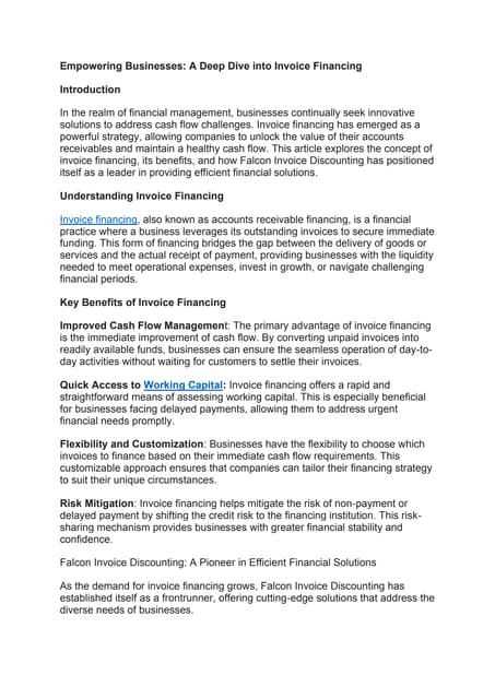 Boost Your Business Cash Flow with Falcon Invoice Discounting | PDF