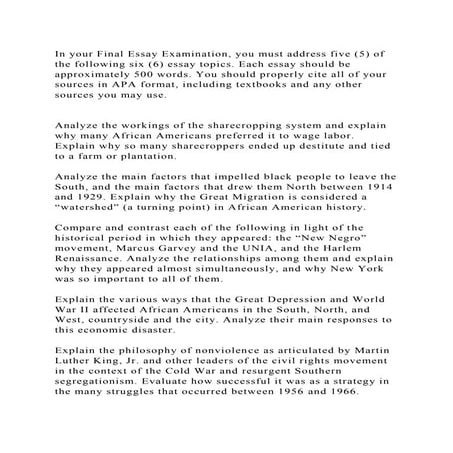 In your Final Essay Examination, you must address five (5) of the fo.docx