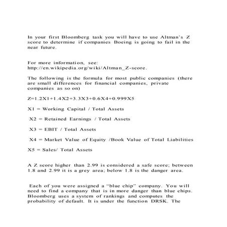 In your first Bloomberg task you will have to use Altman’s Z sco | PDF