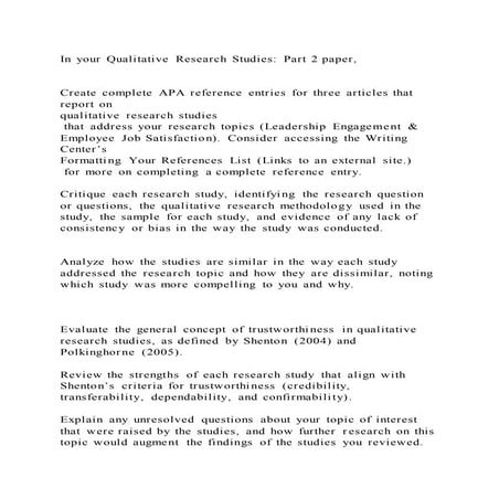 In your Qualitative Research Studies Part 2 paper,Create comp | PDF