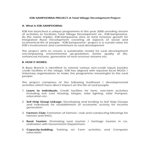 IOB-SAMPOORNA PROJECT-A Total Village Development Project | PDF